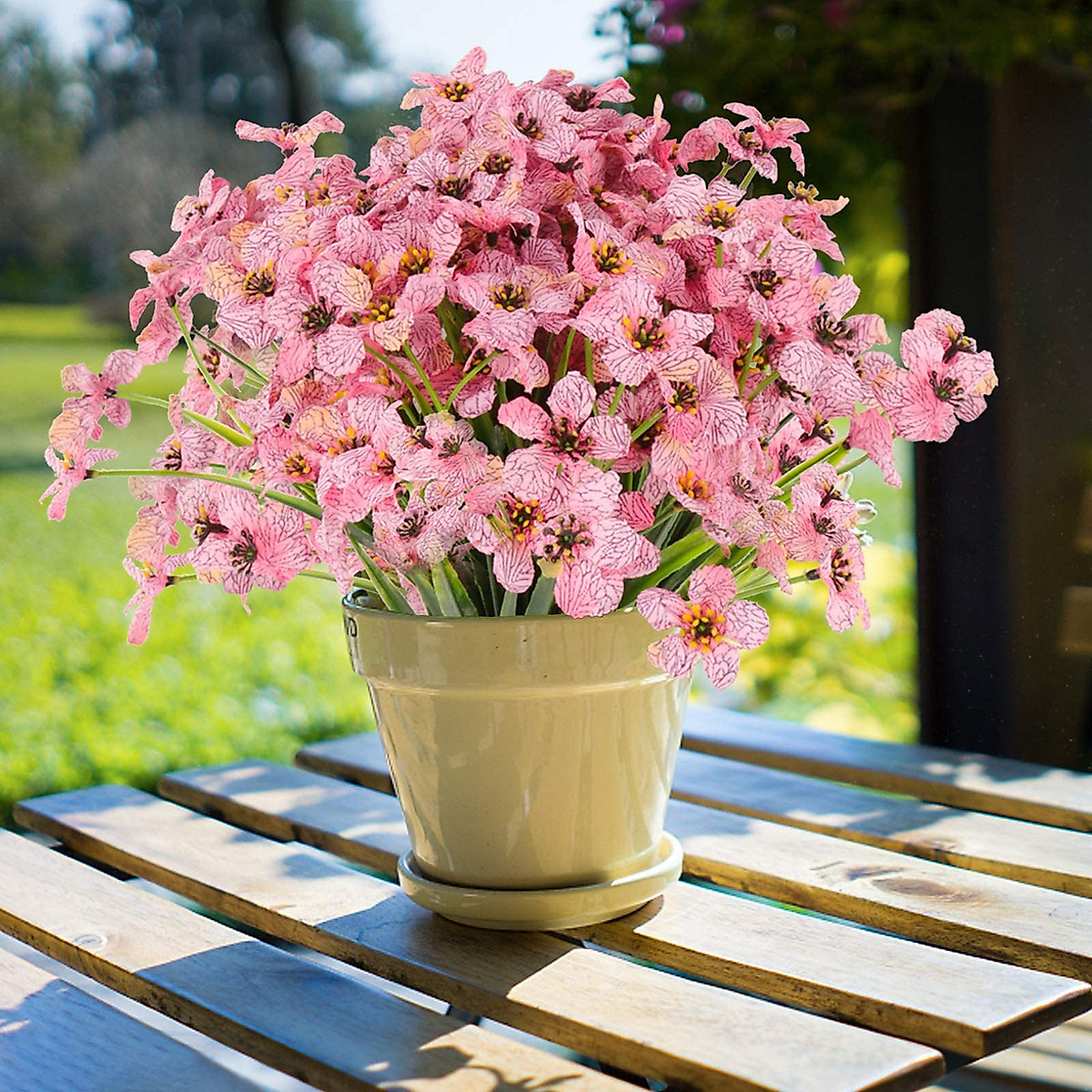 iYoucase Artificial Flowers Outdoor UV Resistant Fake Flowers 5 Bundles No Fade Faux Plastic Plants for Garden Porch Window Box Home Decoration(Pink)