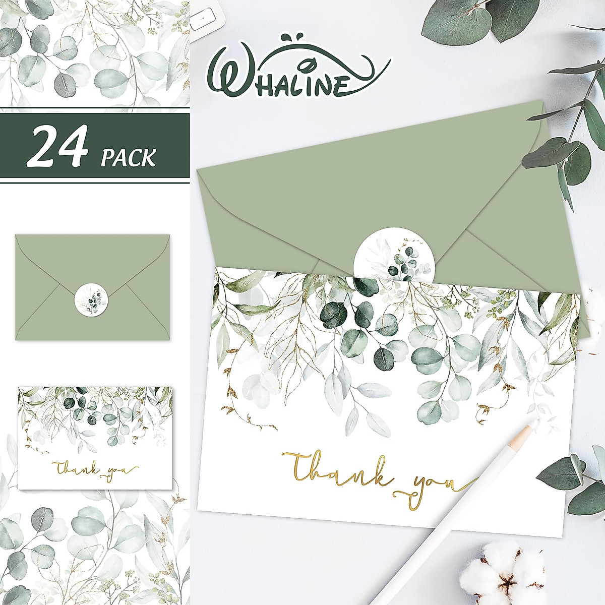 Whaline 24 Pack Greenery Thank You Cards Gold Foil Eucalyptus Leaves Thank You Note Cards with Envelopes Stickers for Spring Wedding Baby Shower