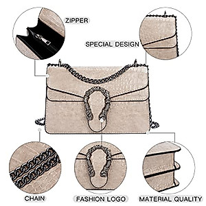 GLOD JORLEE Women's Chain Strap Crossbody Shoulder Purse - Fashion Classic Stone Crocodile Pattern Leather Square Flap Handbags Satchel(Khaki)