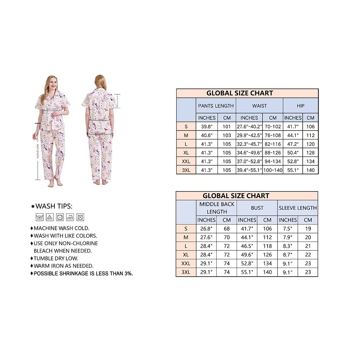 GLOBAL Women's 100% Cotton Pajama Sets | Two-Piece Soft Short-Sleeved and Long Pants PJs for Spring and Summer | Button Down Front Top and Drawstring Waist Bottom Nightwear