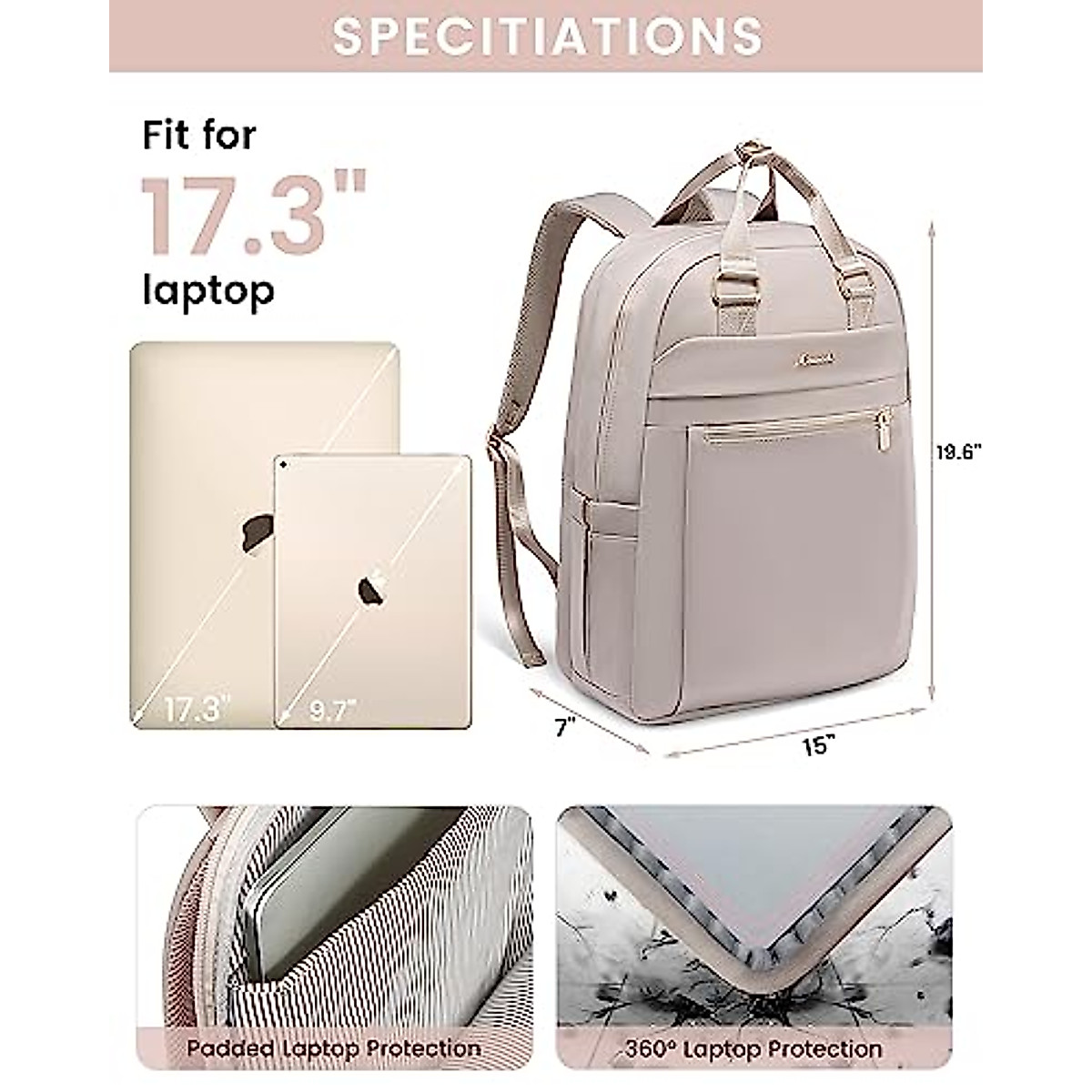 LOVEVOOK Laptop Backpack for Women 17 Inch Travel Backpack Purse, Work Business Computer Bag with USB Port, Large Capacity Waterproof Travel Bags Casual Daypacks, Light Dusty Pink