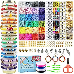 Redtwo 7200 Pcs Clay Beads Bracelet Making Kit, Preppy Friendship Flat Polymer Heishi Beads Jewelry Making Kits with Charms and Elastic Strings,Crafts Gifts Set for Girls Ages 8-12(2 Boxes)