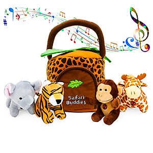 Hoovy Plush Jungle Animals Toy Set (5 Pcs) with Carrier for Kids|Stuffed Monkey, Giraffe, Tiger & Elephant|Great for Boys & Girls