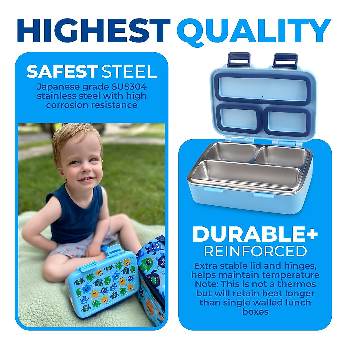 kinsho Stainless Steel Lunch Box for Baby or Toddlers Boys, Mini Bento, 3 Eco Metal Portion Sections Leakproof Lid, Pre-School Daycare Lunches, Kids Spill-Proof Snack Container, Blue Cute Monster