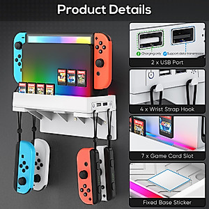 Switch Wall Mount for Nintendo Switch and Switch OLED,Games Console Wall Shelf with Light,Station Stand Holder for Charging Dock,7 Game Card Slots,4 Controller Accessories Kit Storage for Joy Con