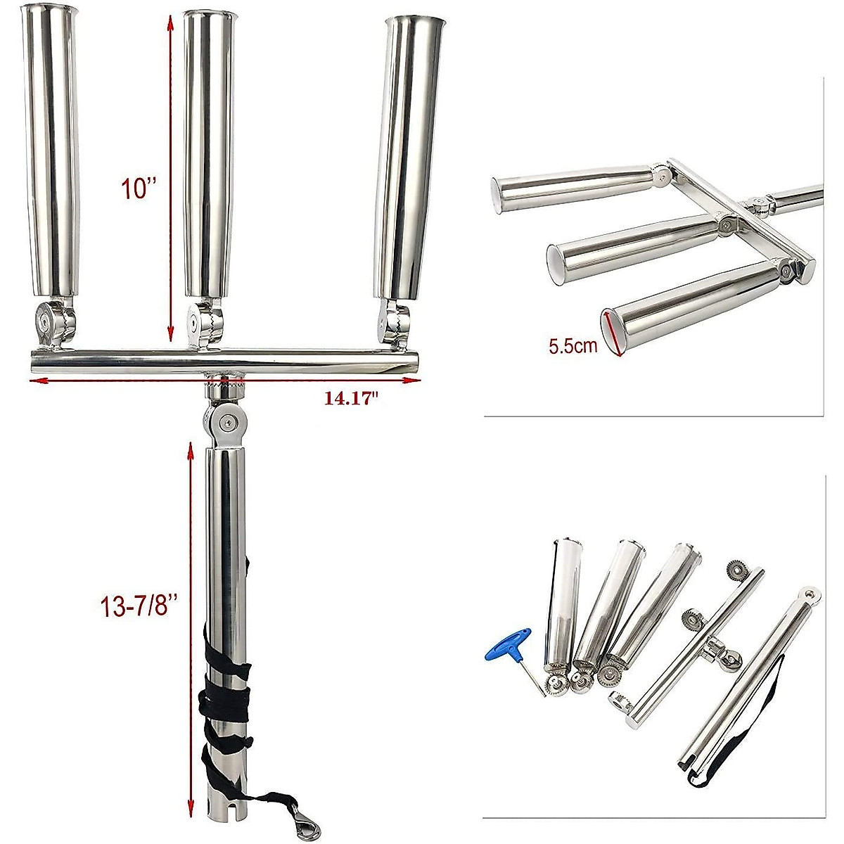 3 Tube Silver Highly Polished Stainless Steel Trident Outrigger Stylish Rod Holder - Triple Rod Holder , Kite Fishing Mount 3-Rod Holder -9998S