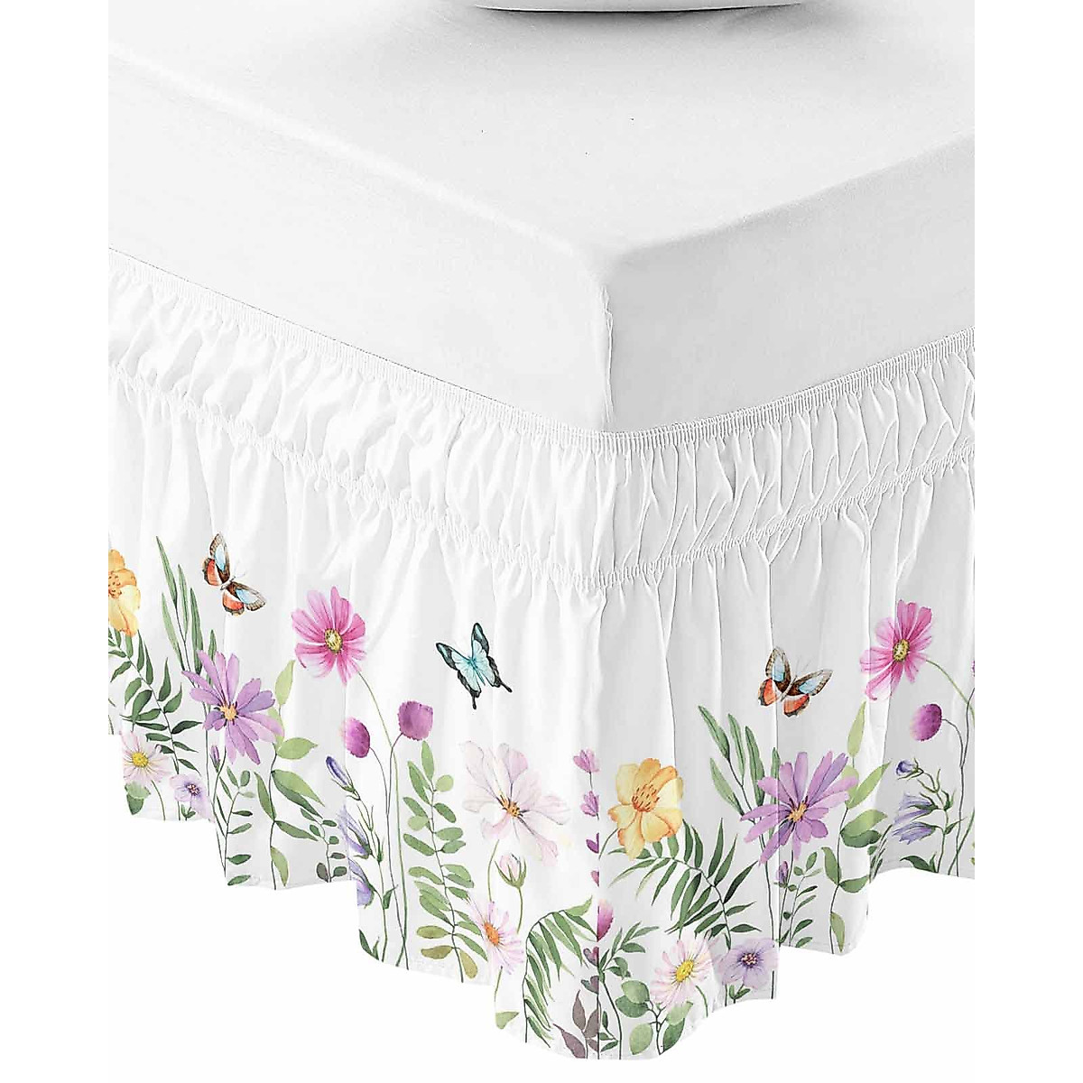 Florals Butter-Fly Bed Skirt Queen Size 18 Inch Drop, Adjustable & Elastic Wrap Around Bed Skirts Pleated Luxury Dust Ruffles for Twin Full Queen Cal King Base Bed, Spring Summer Flower Leaves