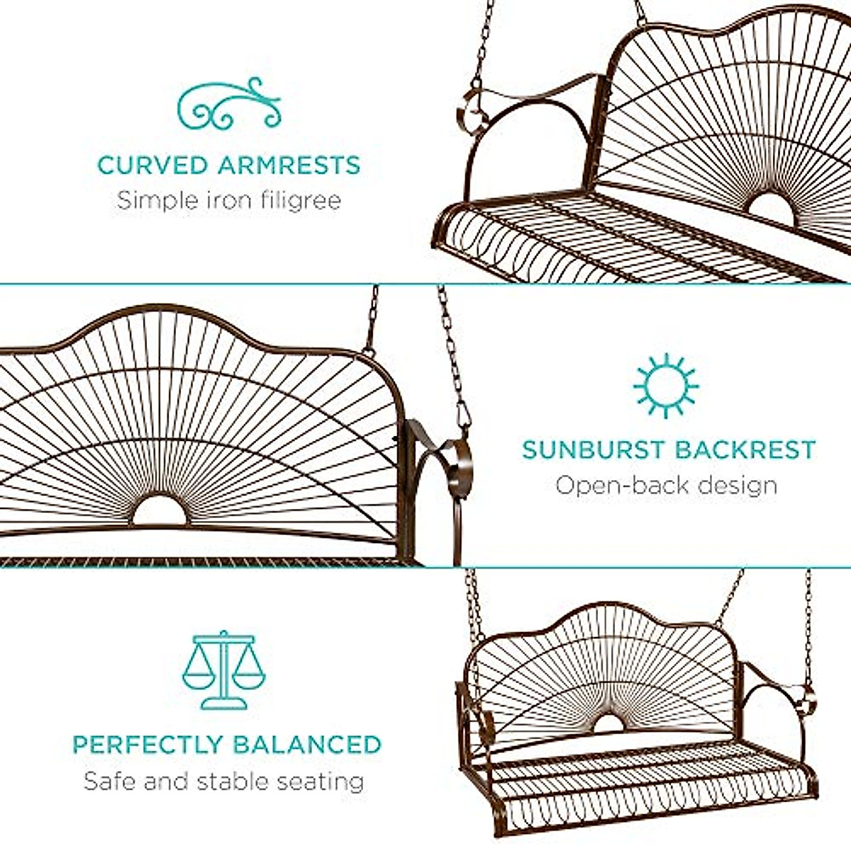 Best Choice Products Hanging Iron Porch Swing Bench Outdoor Patio Furniture for Garden, Deck w/Armrests, Mounting Chains