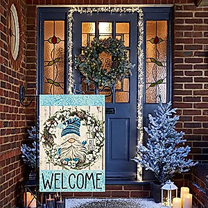 ORTIGIA Welcome Christmas Winter Gnome Garden Flag Burlap Vertical Double Sided Pine Needles Cones Wreath Garden Flag Coffee Cup Holiday Seasonal Farmhouse Outdoor Small Burlap Decoration 12x18Inch