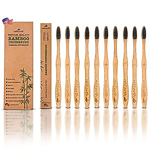 Bamboo Aesthetic Toothbrush Wood Set of 10 | Ultra Soft Bristles | Black Charcoal Infused | American Brand | Upgrade Hygiene & Reduce Waste | Brushes Teeth Care | Earth Friendly | Plant Based