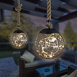 Exhart 2 Solar Hanging Ball Lights, 20 LEDs, Glass w/Rope, Durable Garden Décor Lights, 2pc, 6"x38"