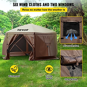 VEVOR Gazebo Screen Tent, 10 x 10 ft, 6 Sided Pop-up Camping Canopy Shelter Tent with Mesh Windows, Portable Carry Bag, Ground Stakes, Large Shade Tents for Outdoor Camping, Lawn and Backyard