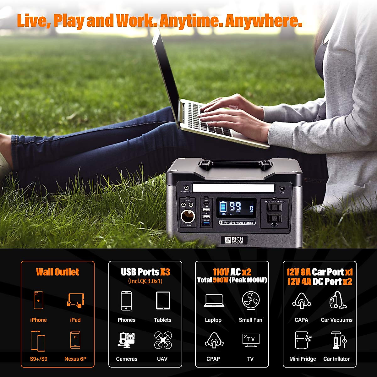 RICH SOLAR X500 Lithium Portable Power Station 540Wh Rechargeable Solar Generator with Bag Battery Backup Power for Camping Outdoors RV Emergency