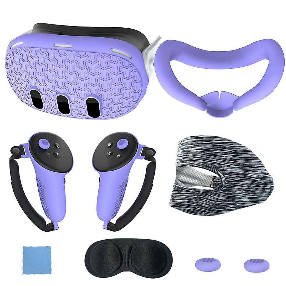 Snugeasy Protective Cover Set Compatible with Meta/Oculus Quest 3 Accessories, VR TPU Face Cover, for Quest 3 Controller Grips Cover, Face Mask, Anti-Sweat Eye Mask, Lens Protector (Purple)