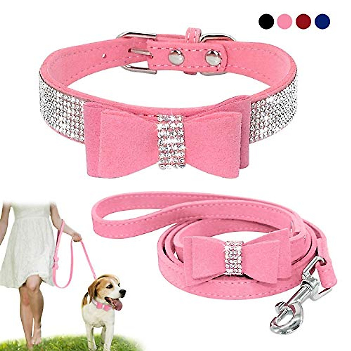PSAVE Pet Traction Rope Rhinestone Leather Dog Cat Collar Leash Set Crystal Diamond Inlaid Cute Bow Puppy Dog Collar Leash (Color : D, Size : 2)