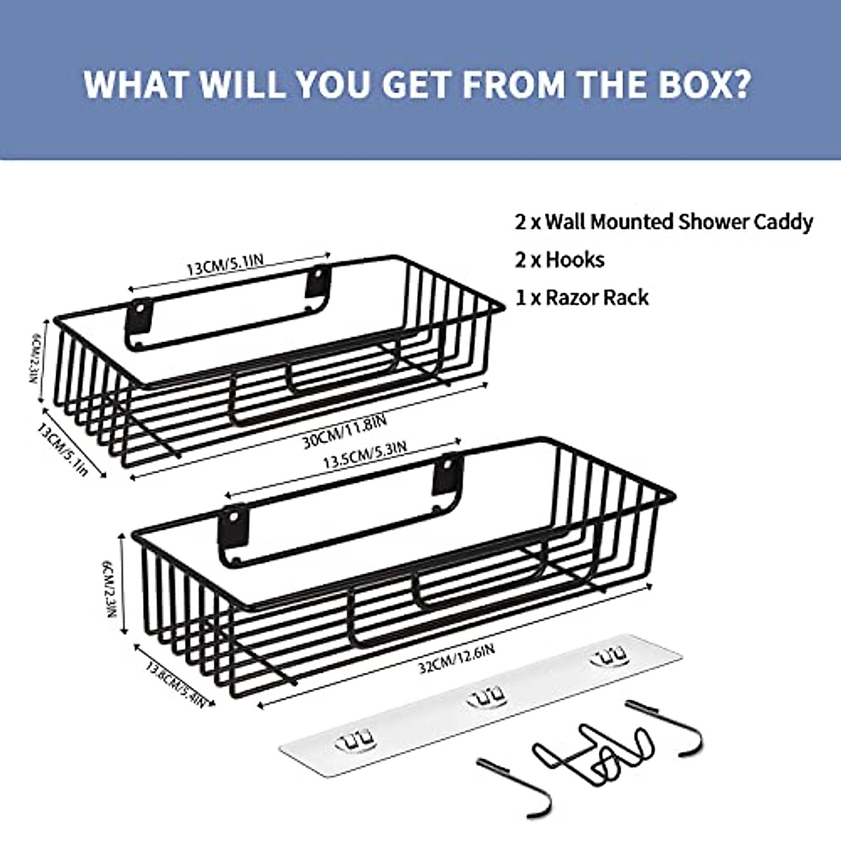 WOSOMOK Shower Caddy Rustproof Bathroom Organizer Shelf in Adhesive or Screws 2-Pack Stainless Steel No Drilling Shower Basket for Inside Shower & Kitchen Storage