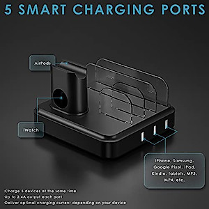 Charging Station for Multiple Devices, 5 Ports Charging Dock with 4 Cables, UL Certified Safety, Compatible with Smart Phones, Tablets, iWatch, AirPods, Earbuds