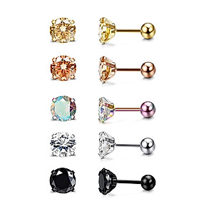 LOYALLOOK 5 Pairs Stainless Steel Cubic Zirconia Stud Earring Ear Piercings For Women 5 Colors 6mm
