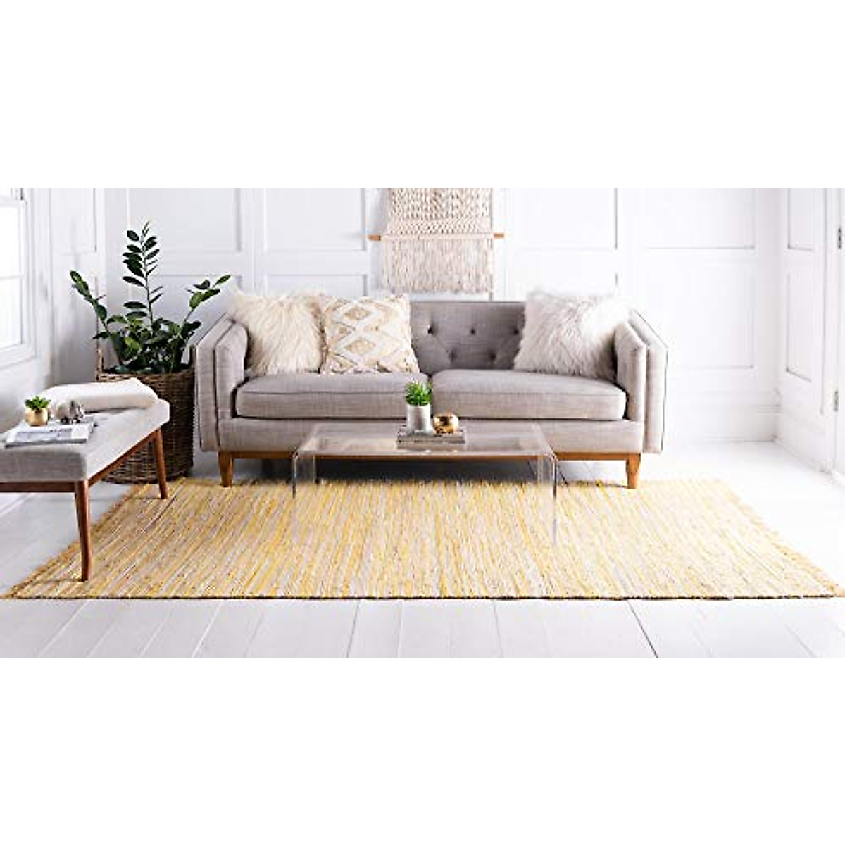 Rugs.com Chindi Cotton Collection Rug – 2' x 3' Yellow Flatweave Rug Perfect for Living Rooms, Large Dining Rooms, Open Floorplans