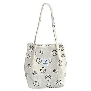 Cessfle Preppy Smiley Face Tote Bag, Corduroy Tote Bag Aesthetic Smiley Cute Tote Bags Handbag Shoulder Bags Teen Girls Trendy Stuff