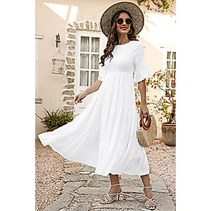 LILLUSORY Womens Summer Dresses Graduation Bridal Shower Flowy Smocked Ruffle Boho Modest 2023 Long Sundresses Trendy Casual Sun Dress with Sleeves White