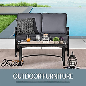 Festival Depot PE Wicker Patio Bistro Set, 2 Pieces Outdoor Furniture, Conversation Sofa Loveseat Armchairs & Coffee Table with Removable Cushion All Weather Casual Craft Cozy Small Chair Set
