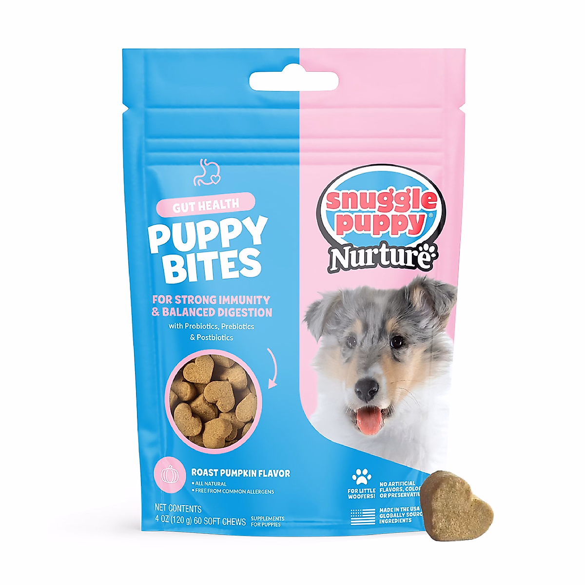 Snuggle Puppy Puppy Bites Gut Health Supplement - Dog Probiotics & Prebiotics for Gut Health - Pet Supplement and Supplies for Dog Health - Dog Digestive Health Support - 60 Soft Chews