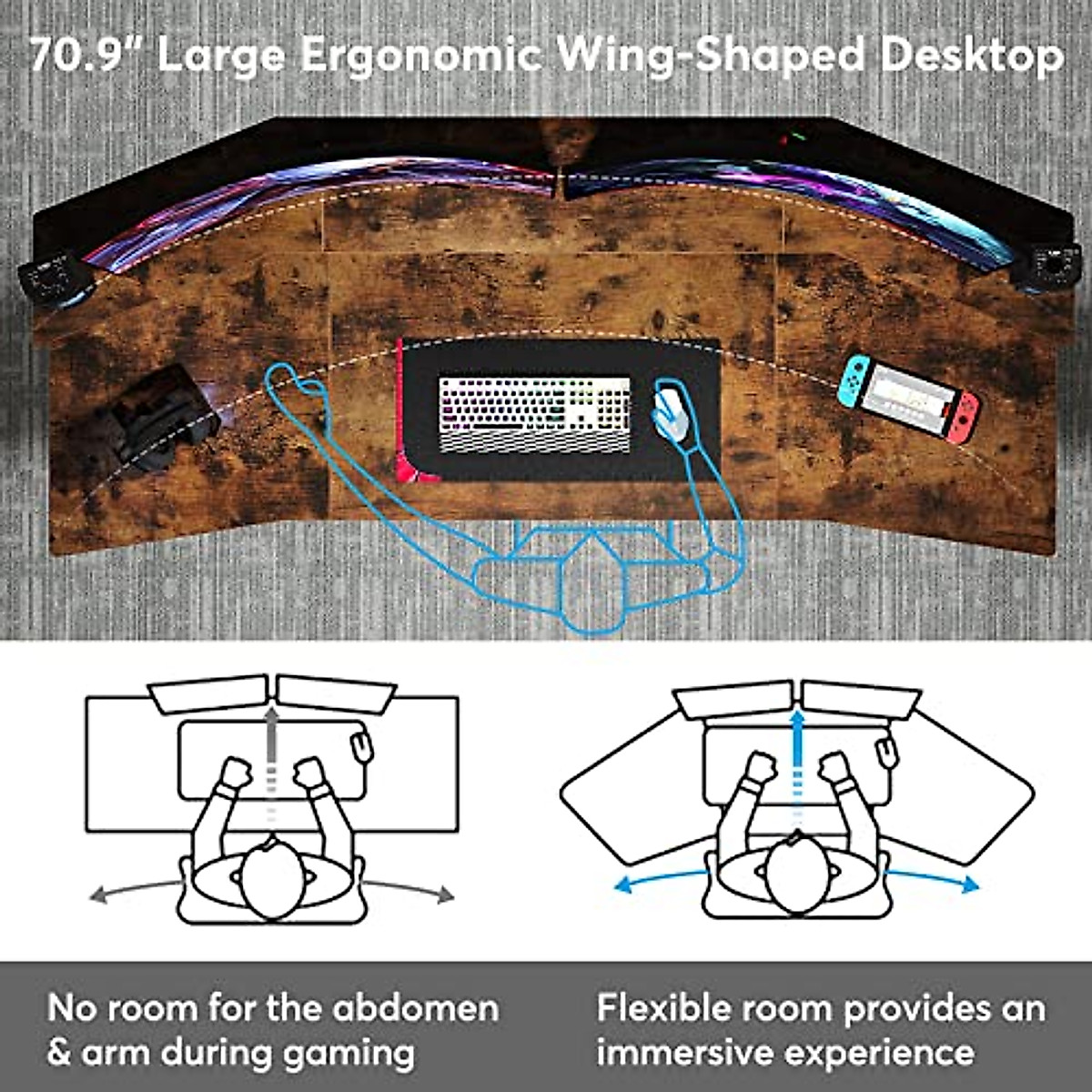 Tribesigns Computer Desk, 70.9" Large Home Office Desk with Monitor Stand, Modern Wing-Shaped Gaming Studio Desk Study Table Workstation for Live, Streamer,Rustic Brown