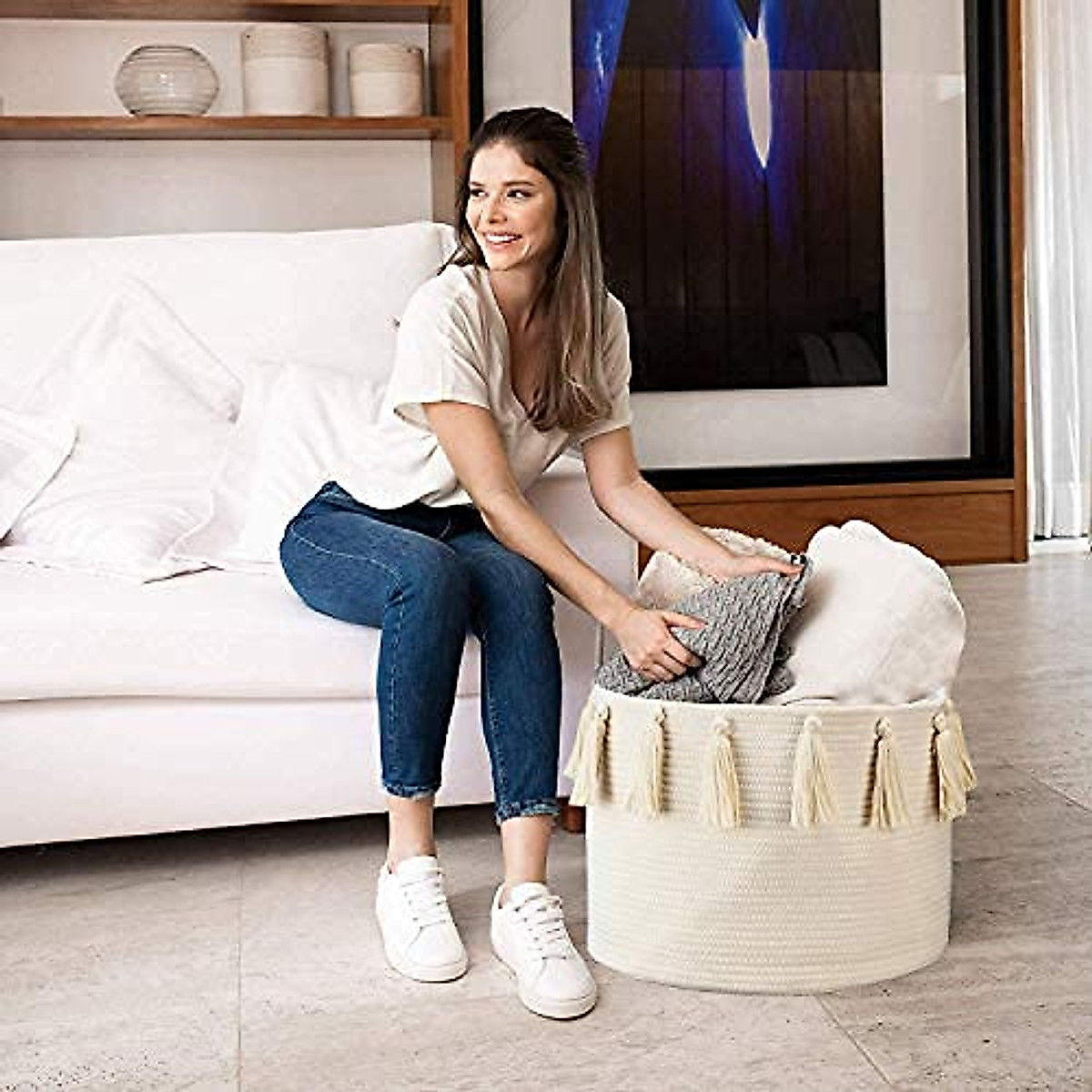 ABETREE Tassel Woven Storage Laundry Basket 17.7" x 11.8" with Handle Cotton Hamper Nursery Basket Blanket Baby Toy Storage Organizer