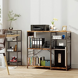 EasyCom Bakers Rack with Power Outlet, Microwave Stand, Kitchen Storage with Pull-Out Basket 6 S-Shaped Hooks, Microwave Cart for Kitchen, Coffee Bar, Office, Rustic Brown