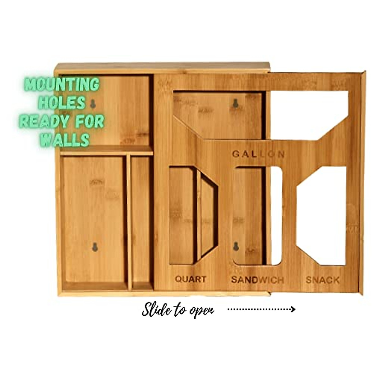 Alpha Kurtisa Bamboo Ziplock Bag Organizer for Kitchen-Walls-Drawers-Can fit Ziplock bags like Gallon-Snack-Sandwich-Quart. Includes Keyholder with Cellphone stand (Natural)