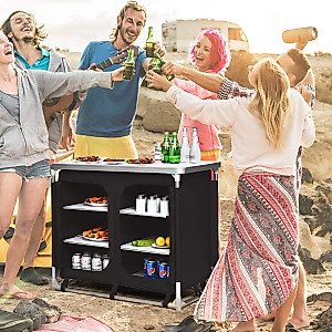 Giantex Camping Cook Table Kitchen Station with Storage Organizer and Carrying Bag, for BBQ Party Picnics Backyards and Tailgating, Portable Outdoor Aluminum Cooking BBQ Table (Black)