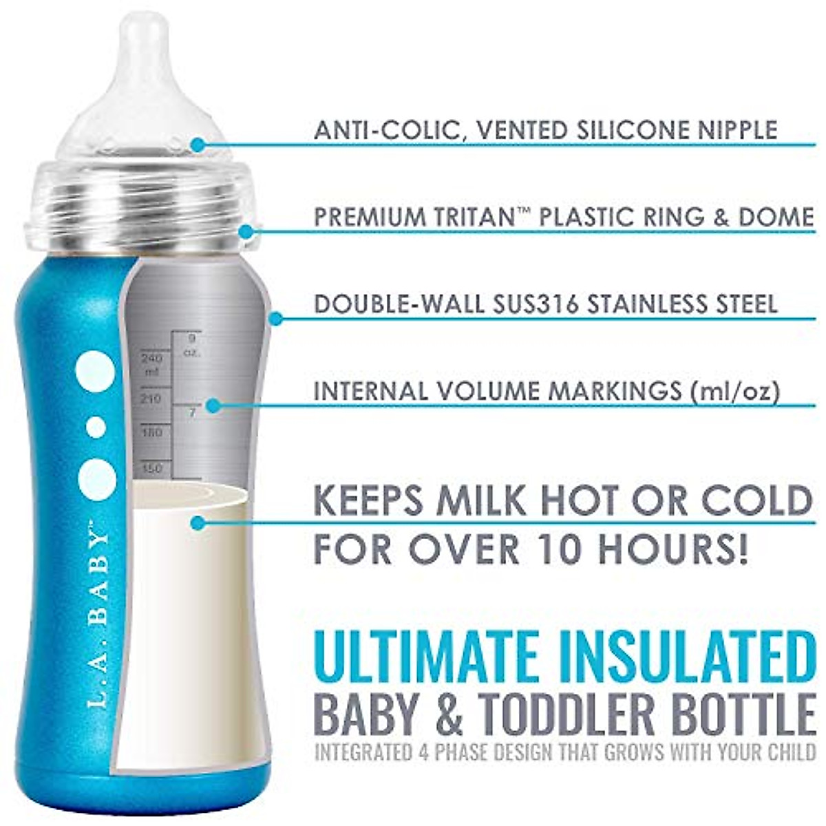 Ultimate Stainless Steel Baby Bottle 9oz Insulated Baby Bottle | Insulate Milk for 10+ Hours | Non-Toxic Food-Grade Stainless Steel & Food-Grade Silicone Slow Flow Nipple | Leak-Free Design - Blue