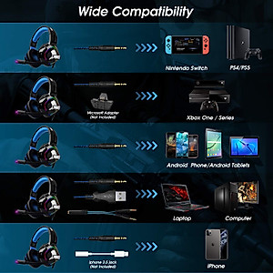 August Gaming Headset EPG100L - Stereo Surround Sound Noise Cancellation Wired Headphones with Adjustable Microphone and RGB Light Compatible PC Mac Tablets Phones