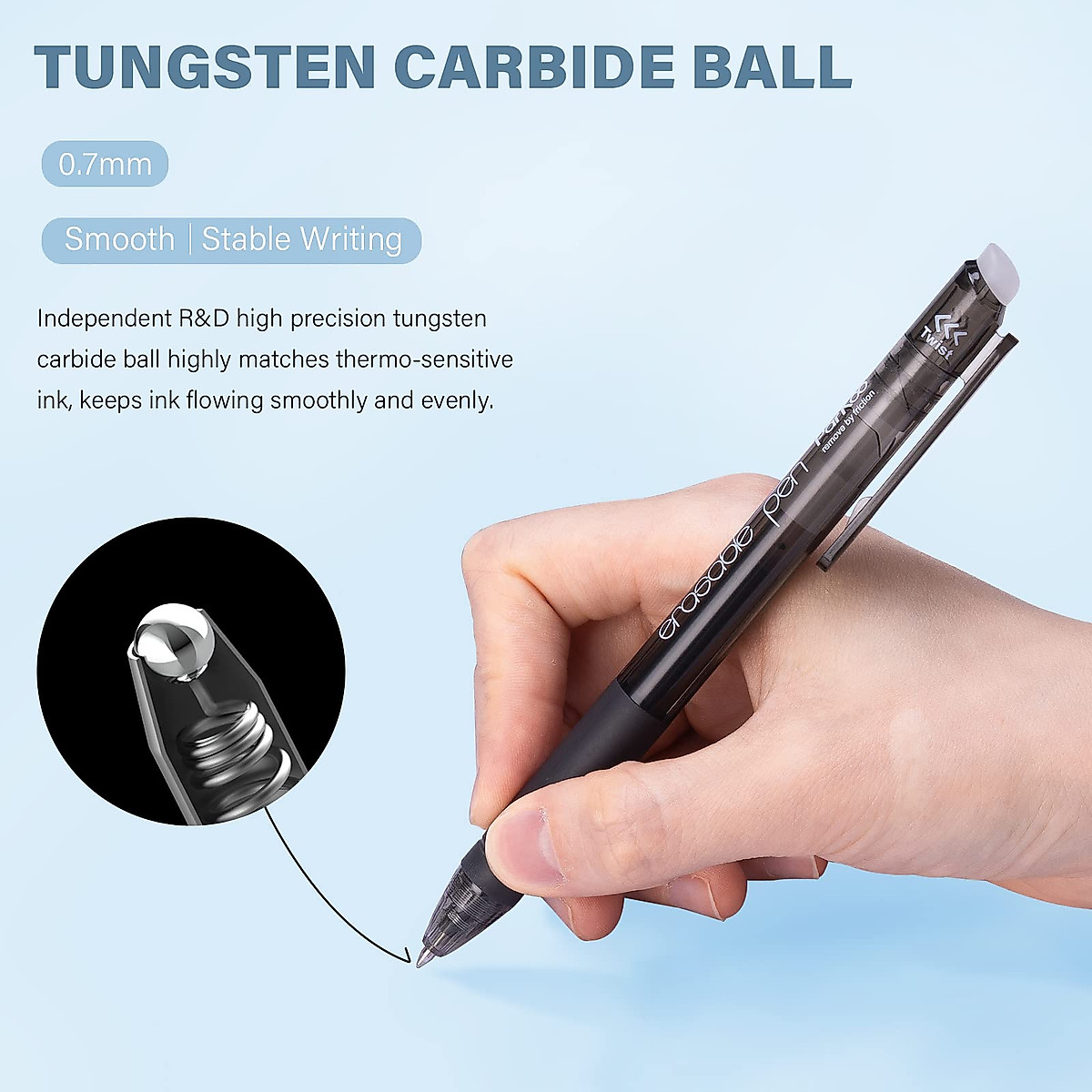 ParKoo Retractable Erasable Gel Pens Twist-Write, Fine Point 0.7 mm, Make Mistake Disappear, 12 Black Ink Pens for Drawing Writing Planners and Crossword Puzzles