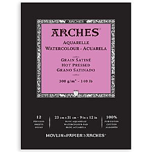 Arches Watercolor Paper 140 lb. Hot Press 12 Sheet Pad 9x12"