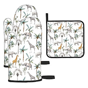 Elephant Giraffe Oven Mitts and Pot Holders Heat Resistant Anti Scald for Kitchen Cooking Baking Grilling Sets of 3