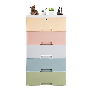 5 Tier Plastic Drawers Dresser Storage Tower with 5 Drawers,Stackable Storage Organizer Cabinet with Wheels,Movable Storage Tall Small Closet for Bedroom,Living Room,Study Room (Macaron Color)