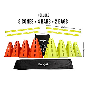 YES4ALL Agility Cones Hurdle Set 4 Green Cones + 4 Orange Cones + 4 Green Bars