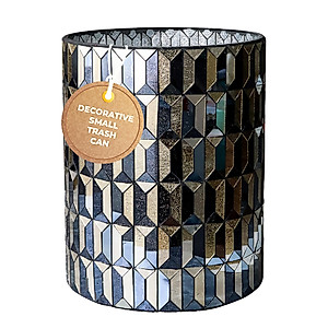 Escenzy Modern Bathroom Trash Can Mosaic Glass 6L | Decorative Small Garbage Can | 8" x 10" | Luxury Waste Basket for Bathroom, Office, Bedroom & Kitchen | Shiny Black and Gold Bathroom Accessories