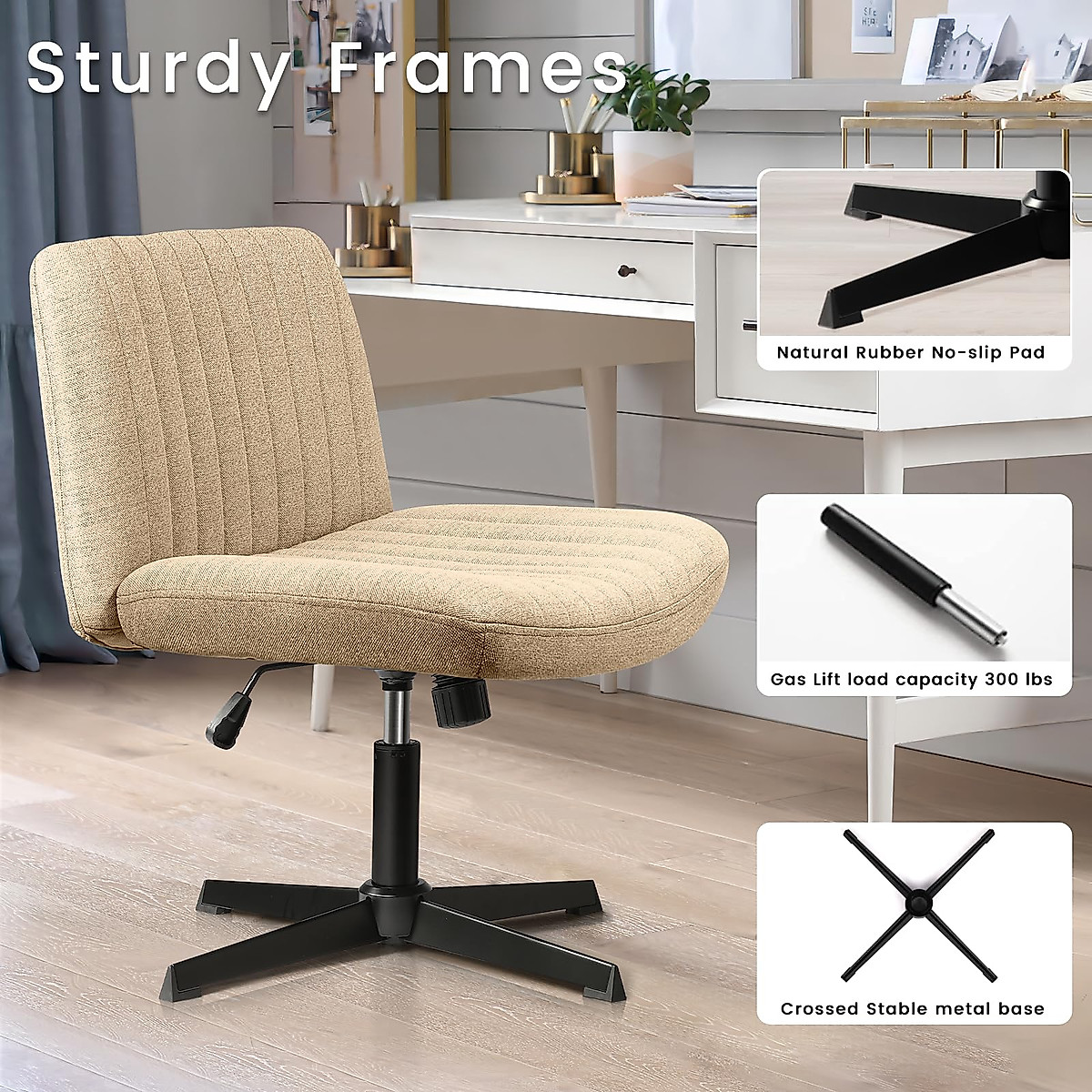 PUKAMI Criss Cross Chair,Armless Cross Legged Office Desk Chair No Wheels,Fabric Padded Modern Swivel Height Adjustable Mid Back Wide Seat Computer Task Vanity Chair for Home Office(Yellow)