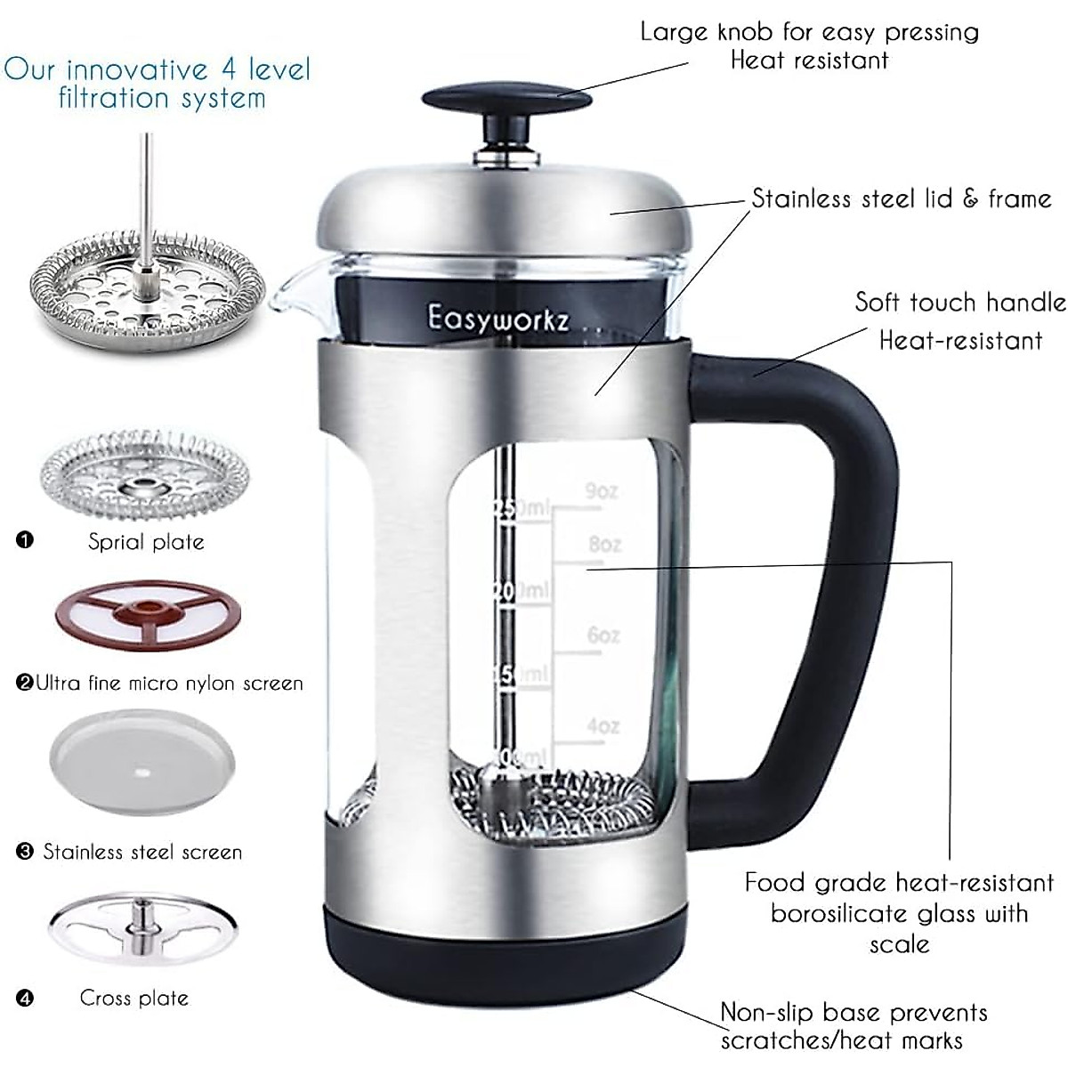 Easyworkz Stainless Steel French Press 12 oz Coffee Tea Maker with Soft Grip Handle
