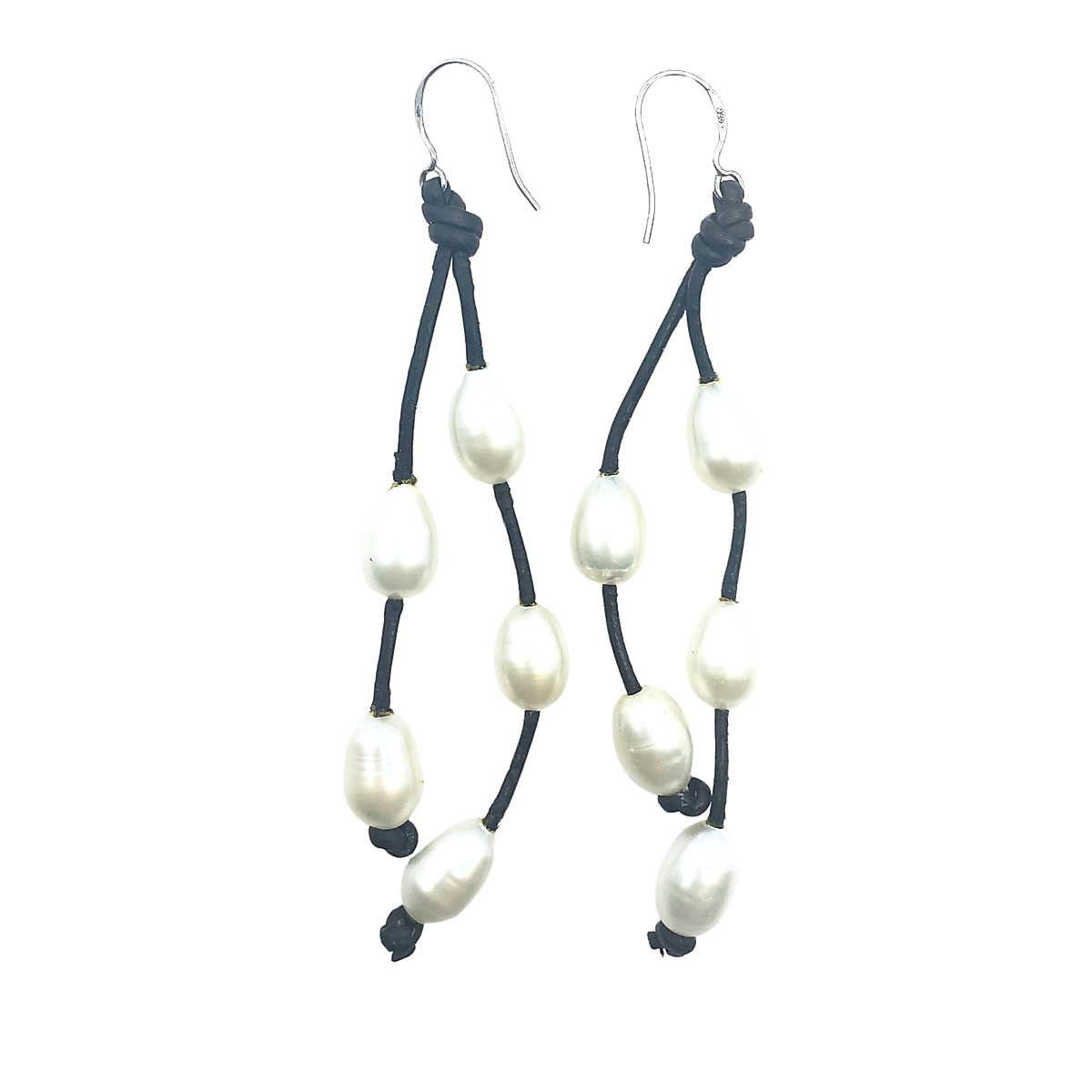 White Pearl on Black Leather Cord Necklace, Bracelet, Earring Set