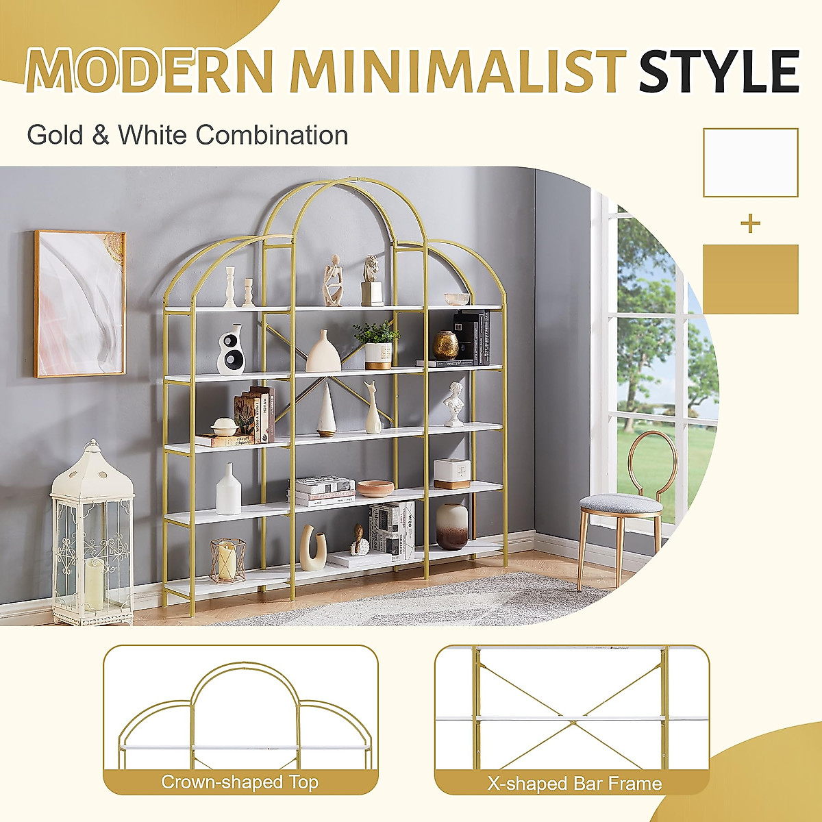 Merax Bookshelf 5 Tiers Bookcase, Gold Display Shelf Organizer with X Bar Frame, Crown-Shaped Design, White