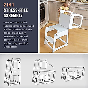 UNCLE WU Foldable Kitchen Step Stool for Toddlers -Children Learning Step Tower - Safety Stand Tower in Bathroom - Kid's Step Stool with Studying Table (Natural)