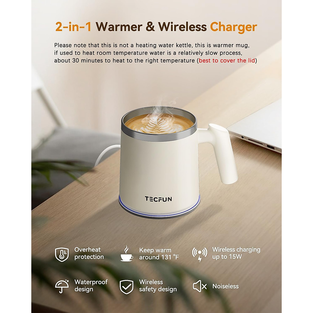 TECFUN Coffee Mug Warmer, [2024 new Wireless Heating Tech][0 Fire Risk][2 In 1 Mug Warmer & Wireless Charger] 12oz Mug with Lid, Coffee Warmer for Desk, Tea Cup Warmer, Gifts for her/him