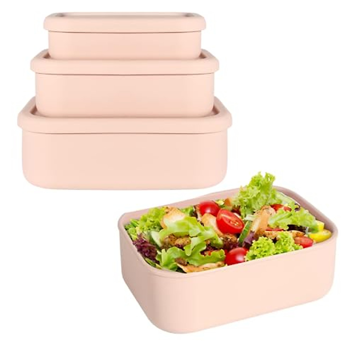 AROCFTIE Silicone Bento Box, Set of 3 Silicone Food Storage Containers with Lids, Hard-Shell Nesting Silicone Containers, Airtight, Dishwasher and Freezer Safe (10oz, 23.6oz, 44oz) (Pink)