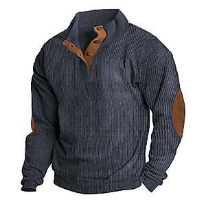 Mens Vintage Waffle Sweatshirts Corduroy Shirts Casual Lapel Collar Button Up Mock Neck Pullover Fall Winter Long Sleeve Thermal Sweater Casual Polo Sweatshirt Outdoor Workout Golf Pullover Blue