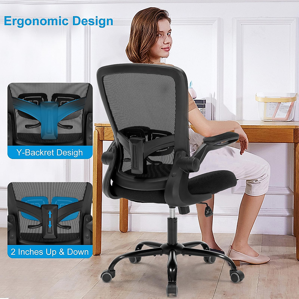 Office Computer Desk Chair，Ergonomic Executive Office Chair with Mesh, Adjustable Lumbar Support, Swivel Rolling for Home, Bedroom, Study, Student, Adults, Black