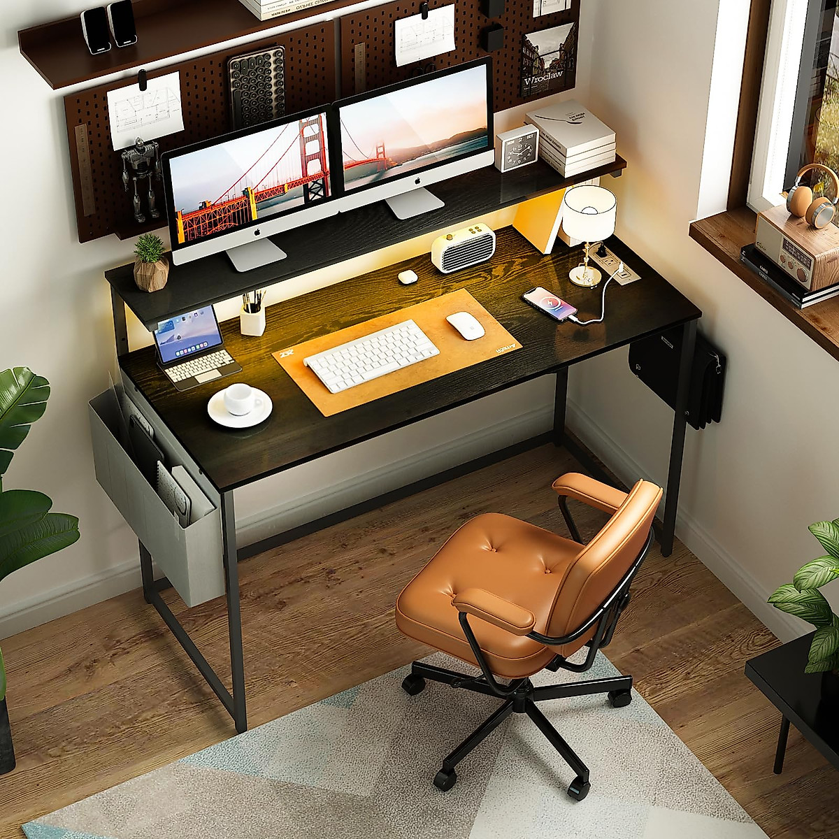 Yoobure Computer Desk with Power Outlets Fast Charging Type-C Included, Gaming Desk with LED Lights, 47" Office Desk with Adjustable Monitor Stand, Small Desk Home Office Desks with Storage Bag & Hook